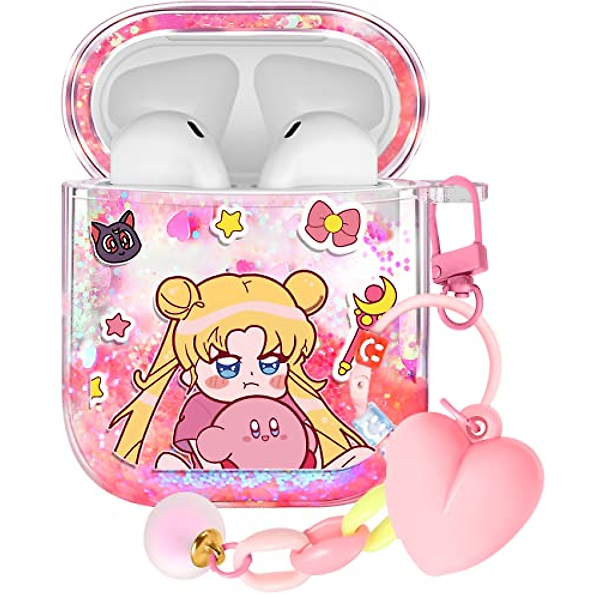 Besoar for AirPods 1/2 Case Bling Glitter Liquid Quicksand Cute Cartoon Anime Kawaii with Keychain for Apple AirPod Cases Sparkly Design Covers for Girls Women Kids Covers for Air Pods 2nd/1st Shui