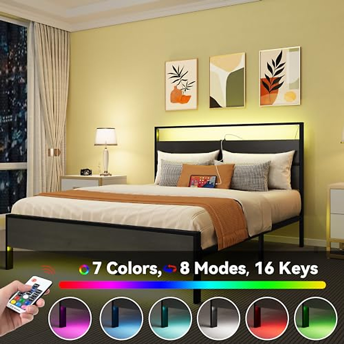 YITAHOME Queen Size Bed Frame, LED Bed Frame with 2 USB Ports, Platform Bed Frame with 10.2” Under Bed Storage Clearance, Strong Metal Slats Support, No Box Spring Needed, Black Brown