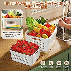 4-Pack Fruit Storage Containers for Fridge with Removable Colanders, 4 in 1 Produce Storage Containers for Refrigerator, Food Storage Container with Lid for Salad Berry Lettuce Vegetables Meat Keeper