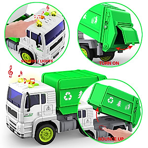 Gizmovine Garbage Truck Toys, 2 Pack Trash Truck Toys with Light and Sound, Friction-Powered Back Dump Garbage Recycling Truck Toy Set with 4 Trash Cans, Gift for 3+ Years Old Kids Boys Girls