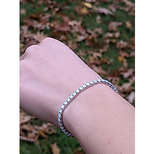TwoBirch 18k White Gold Plated Tennis Bracelet 3MM with Round Moissanite (Sterling Silver, Size 7.5, 5.7 CT DEW)