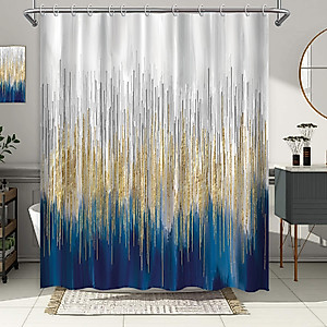 Ouyisha Blue and Gray Ombre Shower Curtain Navy Gold Modern Abstract Shower Curtains for Bathroom Contemporary Oil Painting Striped Fabric Shower Curtain Set Waterproof with Hooks, 72" X 72"
