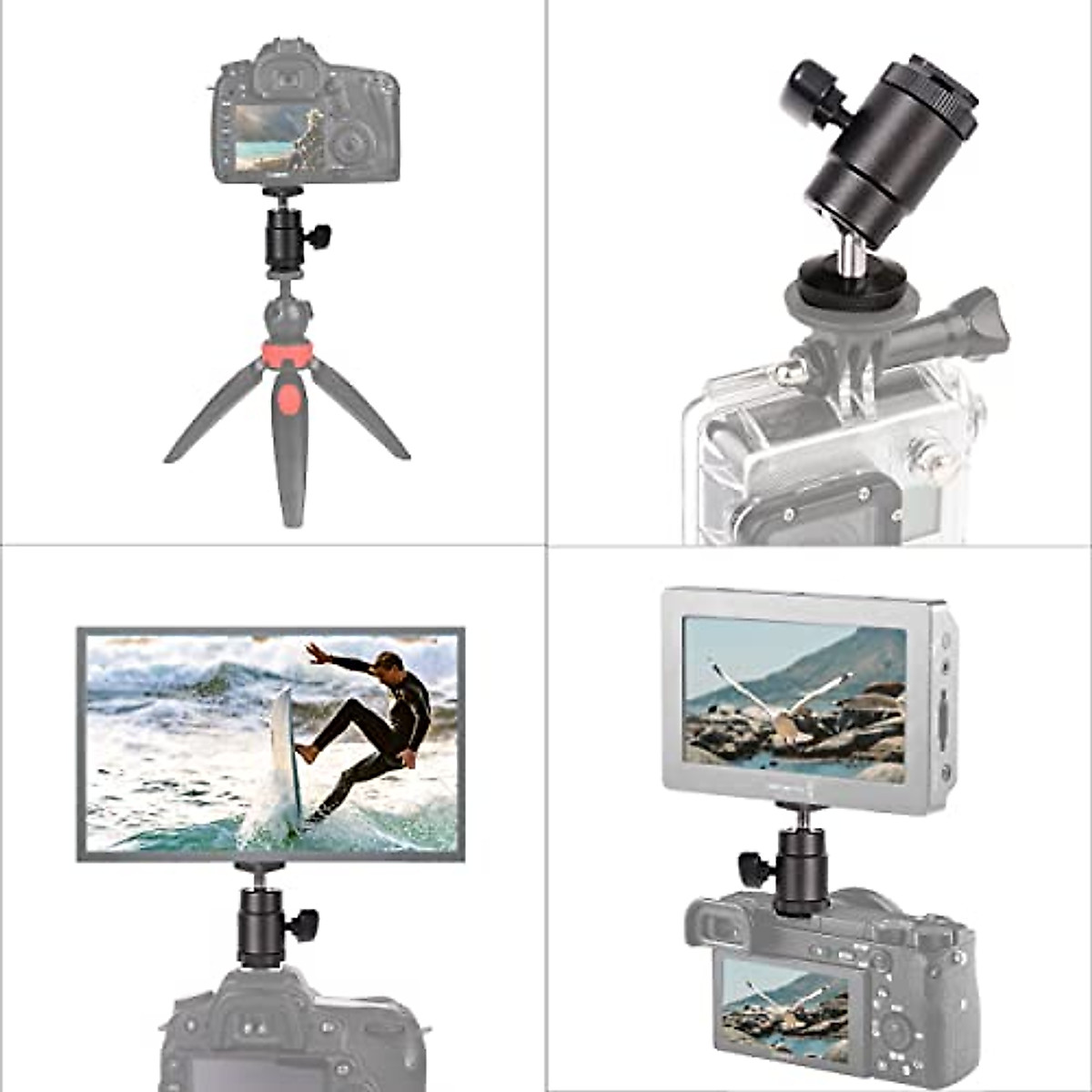 QYXINC Mini Ball Head Hot Shoe Mount with 1/4 inch Adapter Screw for DSLR Camera, Monitor, Camcorder, Flash Light, Tripod, Light Stand (4 Pack)