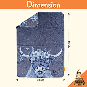 Dear Baby Gear Farm Deluxe Newborn Blanket - Double Layer Reversible, Milestone & Infant Gifts for Girls and Boys - Floral Highland Cow Denim Printed Blanket & Floral Smooth Fabric, 40 x 30 Inches