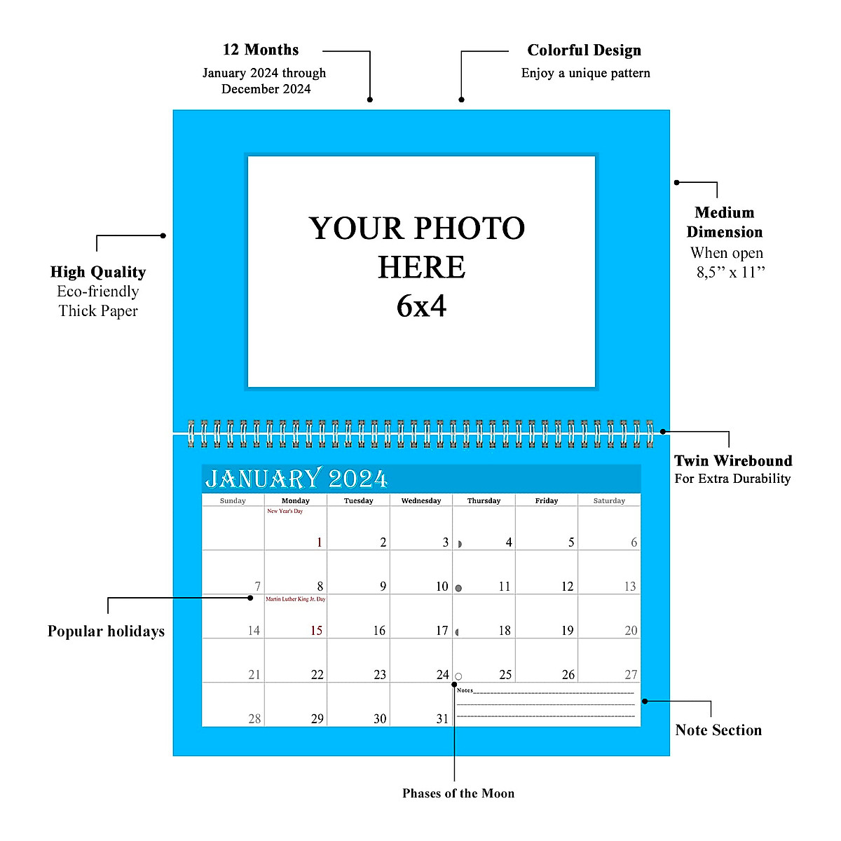 2024 Photo Frame Wall Spiral-bound Calendar (Add Your Own Photos) - 12 Months Desktop/Wall Calendar/Planner - (Geometrics Edition #005)