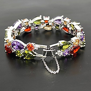 Fashion Gemstone Silver Bracelets, Silver Jewelry for Women Bracelet, Amethyst Garnet Morganite Peridot Women Jewelry Bracelets (8 inch)