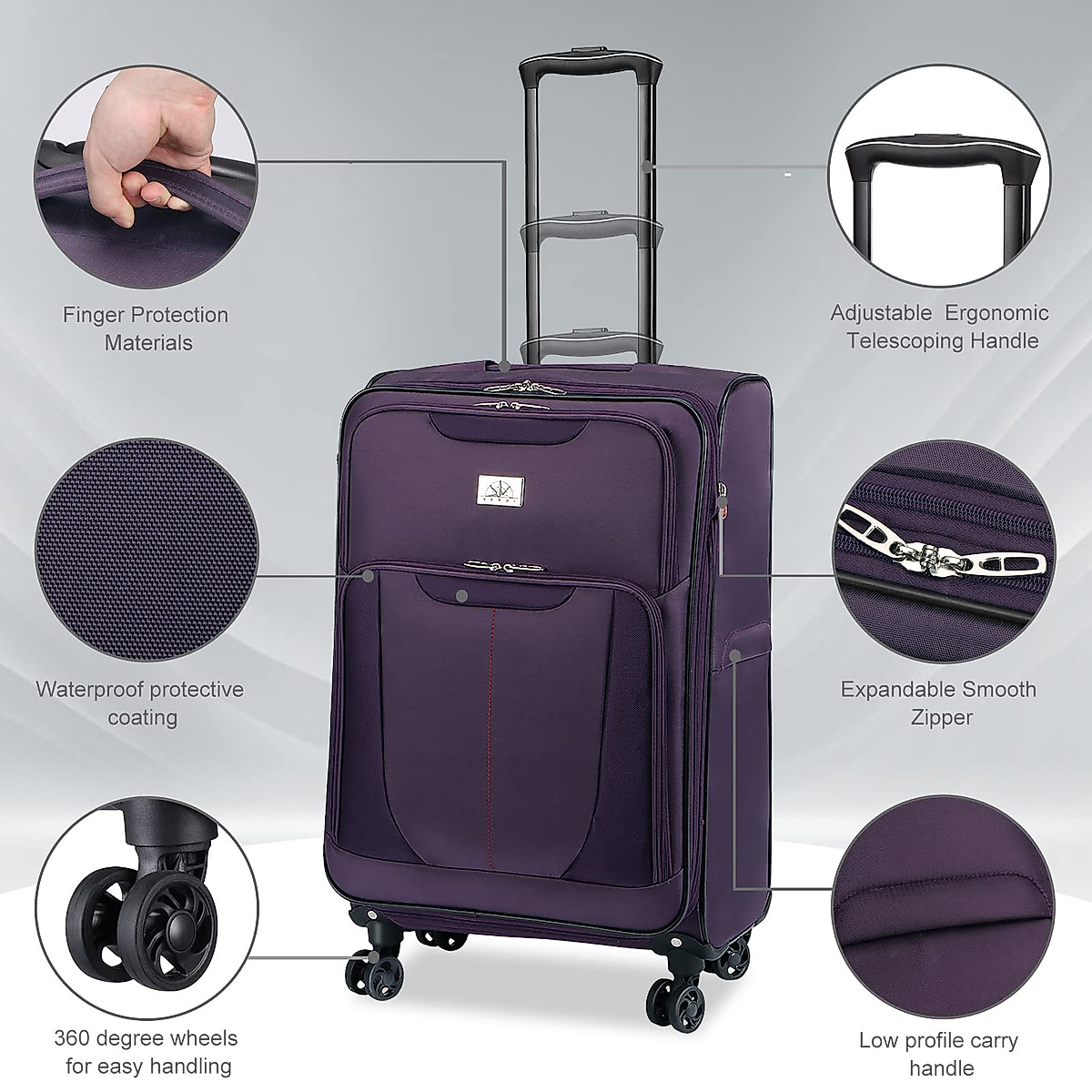 Verdi 24 Inch Luggage – Expandable Durable Softside Lightweight Suitcase with 8-wheel Spinners Medium Checked-Size Bag purple