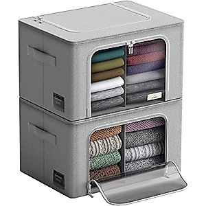 Storage Bins with Divided Interior - Stackable & Foldable Clothes Organizer Bags, Fabric Storage Container Organizers with Metal Oxford Frame Large Window & Carry Handles, Organization for Bedroom, Closet, Bedding, Linens, Clothes, Books & Toys - By Sorbu