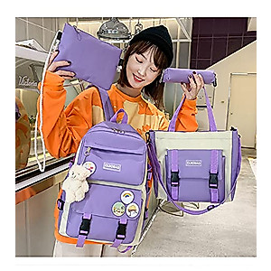 AMZTAN 4Pcs Canvas School Backpack Combo Set for Students with Bear Pendant Handle Shoulder Tote Bag Laptop Schoolbag (Purple)