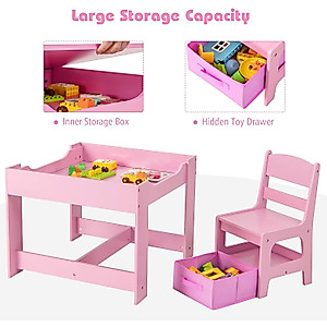 LDAILY Kids Table and Chairs, 3 in 1 Wooden Kids Table with Storage Drawer, Removable Blackboard, Reversible Tabletop, Toddler Table and Chair Set for Drawing, Reading, Writing, Playroom (Pink)