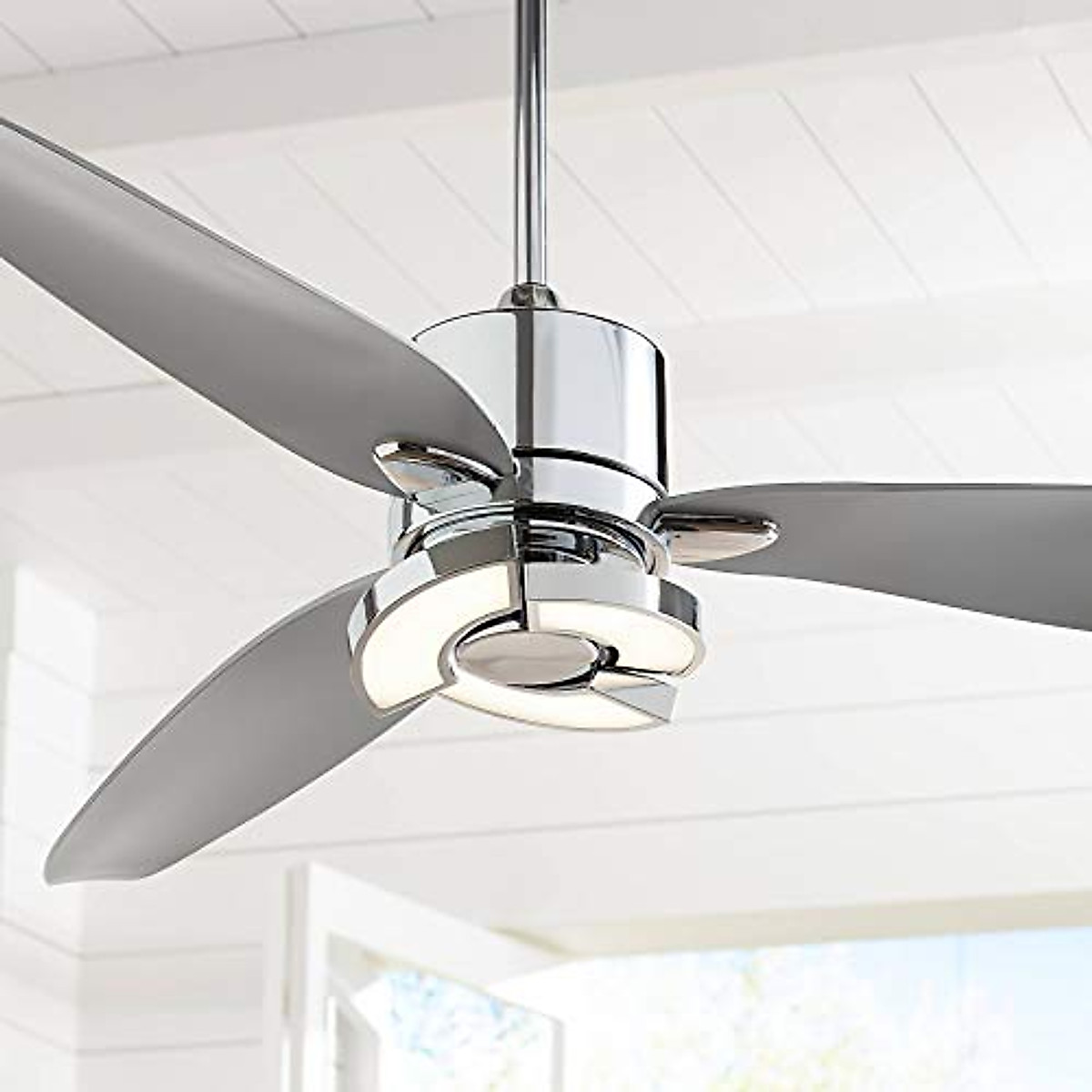Possini Euro Design 56" Vengeance Modern 3 Blade Indoor Ceiling Fan with LED Light Remote Control Chrome Silver White Diffuser for Living Kitchen House Bedroom Family Dining Home Office Kids Room