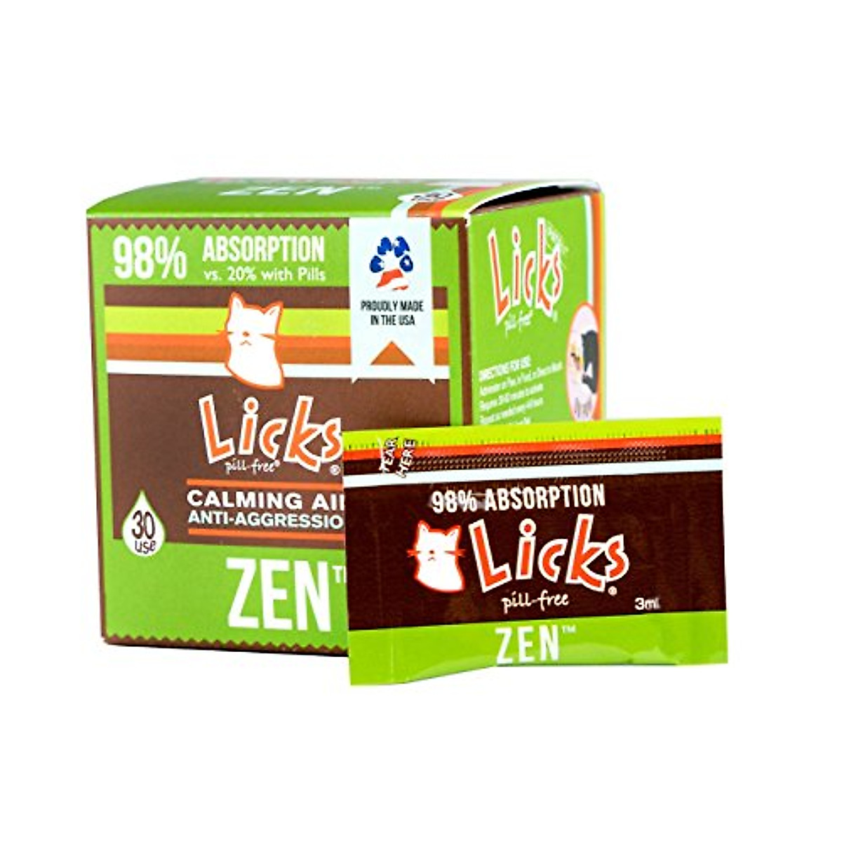 Licks Pill-Free Zen Cat Calming - Natural Calming Aid for Aggressive Behavior and Nervousness - Calming Cat Treats for Stress Relief & Cat Health - Gel Packets - 30 Use