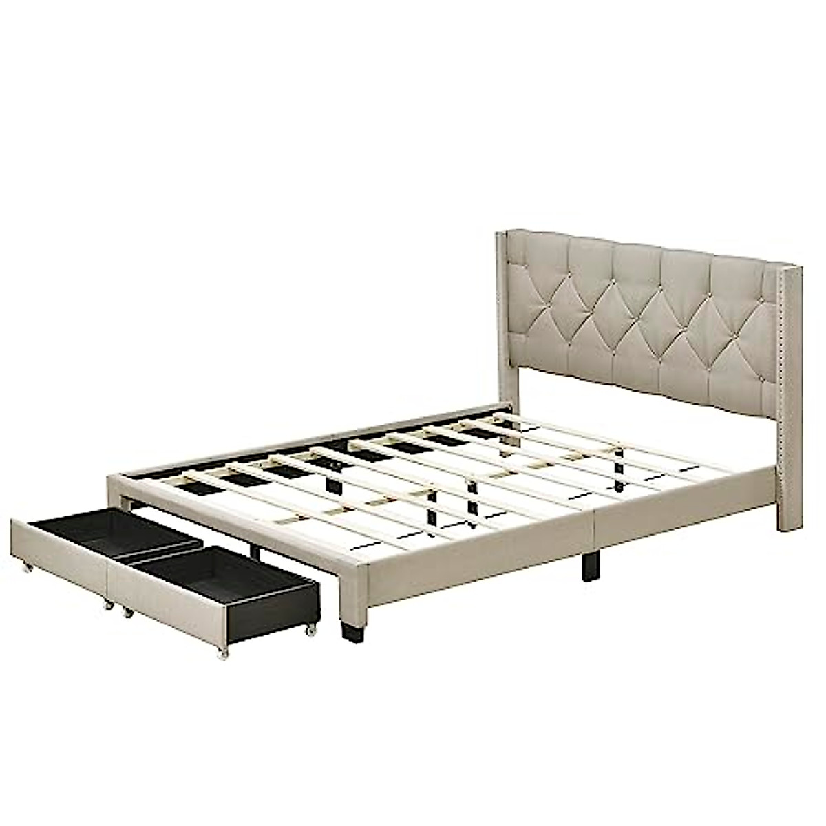 Goohome Queen Size Platform Bed with 2 Storage Drawers, Linen Upholstered Queen Bedframe with Headboard and Sturdy Wood Slats, Noise-Free, No Box Spring Needed, for Boys Girls Teenager