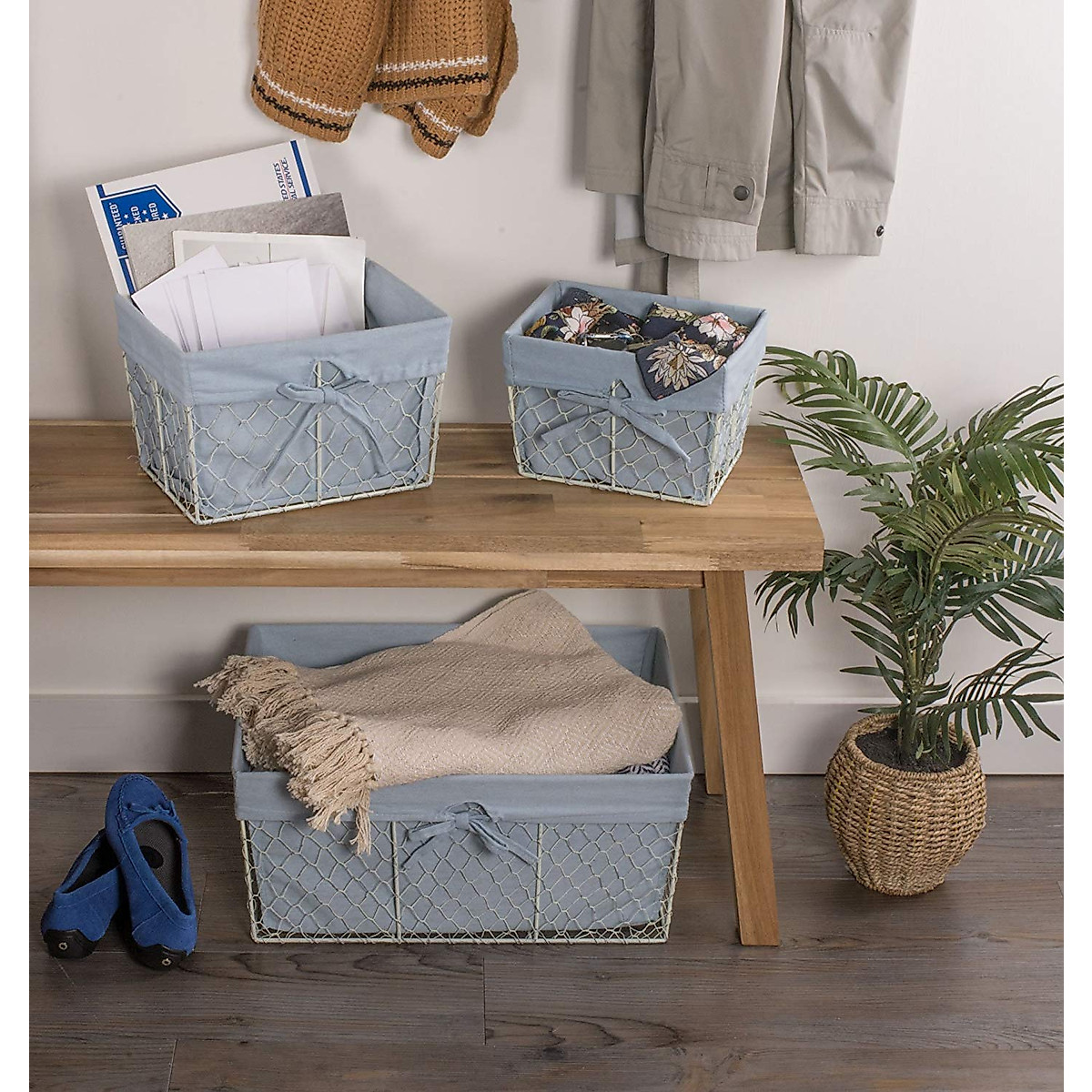 DII Farmhouse Chicken Wire Egg Basket, Storage Baskets with Liner, Denim, 16x12x7.88"