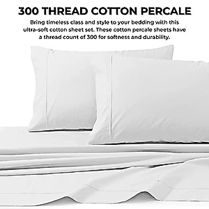 Tribeca Living King Bed Sheet Set, Crisp and Smooth Cotton Percale Solid Sheets and Pillowcase Set, Extra Deep Pocket, 300 Thread Count, 4-Piece Luxury Bedding, White