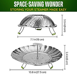 Flexzion Vegetable Steamer Basket for Pot - Stainless Steel Steaming Basket for Veggie, Fish, Meats, Eggs - Extendable Expandable Foldable Steam Basket w/Handle for Various Pot Size, 7 to 11 Inch