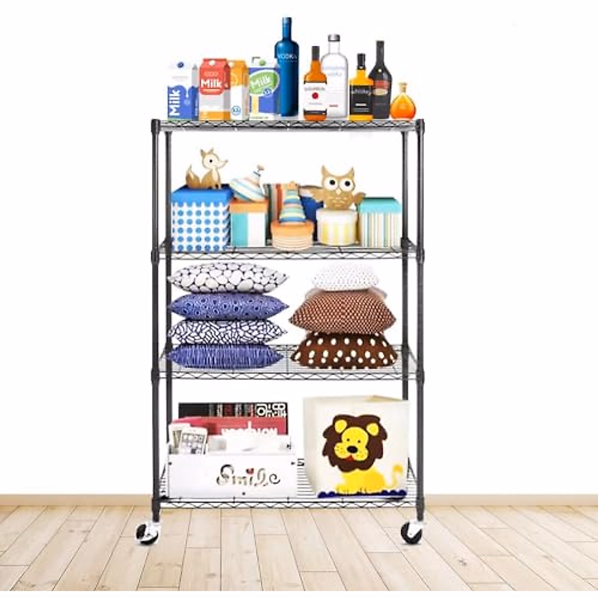 Catalina Creations 4-Shelf Shelving Unit, Adjustable Wire Shelving Rack with with Wheels, Heavy Duty Storage Shelves, Steel Organizer Wire Rack for Kitchen and Garage