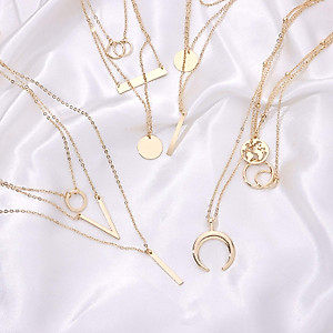 Biokia 6 Pieces Layered Necklaces For Women Long Necklaces Gold Choker Necklaces Map Coin Bar Crescent Moon Necklace Layered Y Pendant Necklace Multilayer