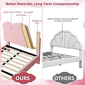 GarveeHome Upholstered Twin Size Bed Frame for Kids with Scallop Headboard, Cute Velvet Twin Bed for Girls, Boys, Sturdy Platform Bed, No Box Spring Needed, Wooden Slats, Noise Free, Pink