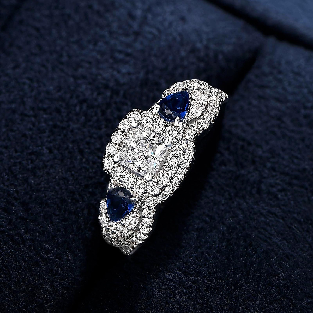 SHELOVES Princess Pear Blue Sapphire Sterling Silver Engagement Ring Wedding Ring Set for Women 6