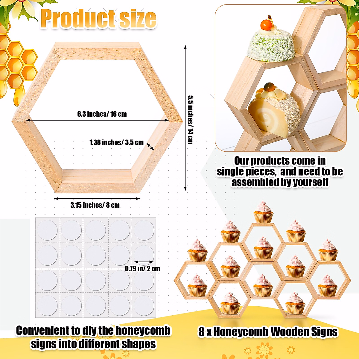 Kigley 8 Pcs Mini Honeycomb Cupcake Stand Wooden Hexagon Cake Display Holder Farmhouse Hexagonal Floating Table Sign for Baby Shower Birthday Party(Burly Wood)