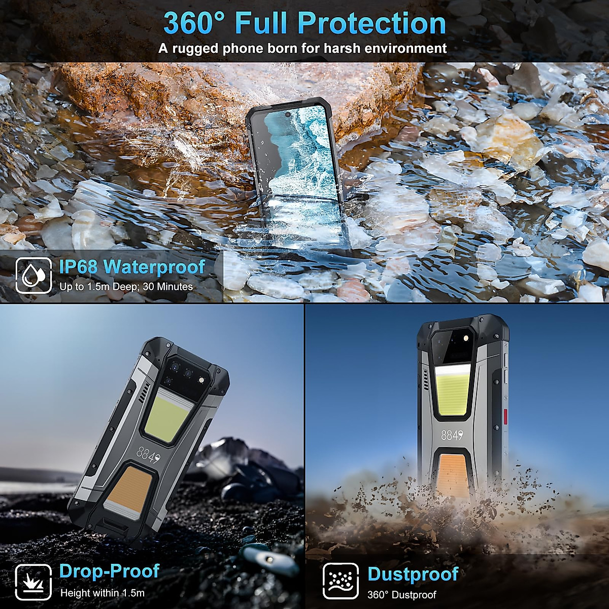 8849 Tank 2 Rugged Smartphone, 22GB+256GB Unlocked Rugged Phone with Projector, 6.79" 4G Waterproof Cell Phone with Camping Light, 15500mAh 64MP Night Vision Android 13 Phone Unlocked, OTG/NFC