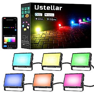 USTELLAR RGB Flood Light Outdoor, Smart WiFi RGBW Landscape Lights+Warm White 2700K, 40W App Control Spotlight Works with Alexa, Color Changing Uplights Halloween Light, IP66, Plug & Play (6 Pack)
