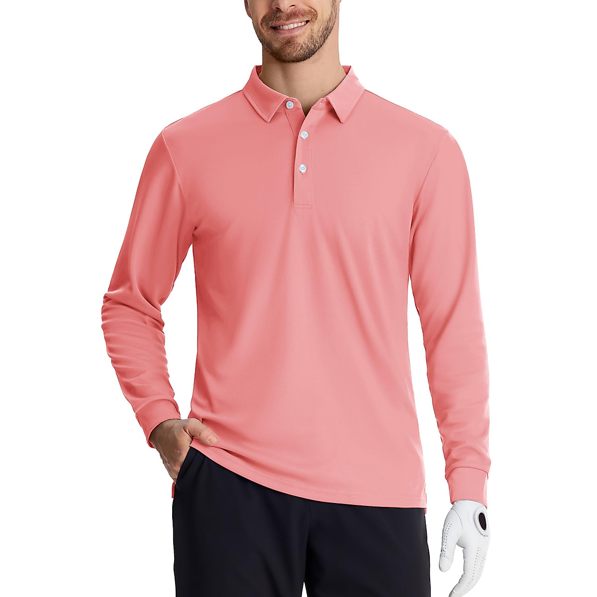 TACVASEN Mens Golf Shirts Long Sleeve Mens Polo Shirts Athletic Polo Shirt for Men Dry Fit Long Polo for Men Quick Dry Polo Shirts for Men Grey Pink