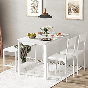 soges 4 Person Dining Table Set,43.3 inch Kitchen Table Set for 4,2 Chairs with Backrest,2-Person Bench with Storage, White Rack,Nesting Furniture Set for Dining Room and Restaurant, White