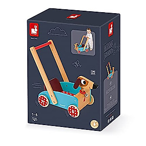 Janod Crazy Doggy Cart – Adorable Wooden Push Toy Walker with Storage – Dog Bell Rings When the Cart is Pushed - Encourages Walking and Discovery – Ages 1+ years.