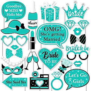 Fangleland Turquoise Bachelorette Party Photo Booth Props, 24PCS Teal Blue Bride to Be Decorations - Let's Go Girls Sign Selfie Stick for Bridal Shower Wedding Engagement Party Supplies