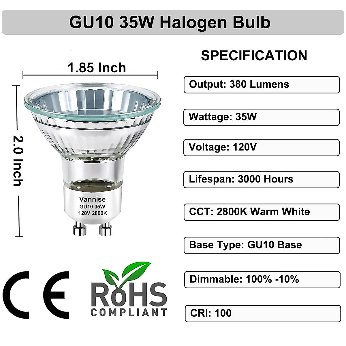 Vannise MR16 GU10 Bulb 35W, 6 Pack High Output GU10+C 120V 35W Bulb with GU10 Base, Long Lasting GU10 Halogen Bulb Warm White 2800K, GU10 Dimmable, GU10 120V 35W for Candle Warmer, Track Lighting