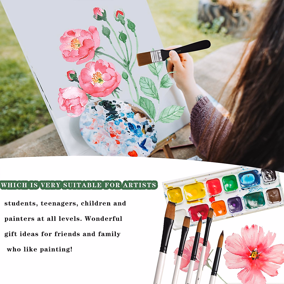 33 Pcs Paint Brush Set, Acrylic Paint Brushes with Board Brush, Sponge Brush, Scraper and Paintbrush Bag, for Kids Adults Oil Watercolor Acrylic Painting