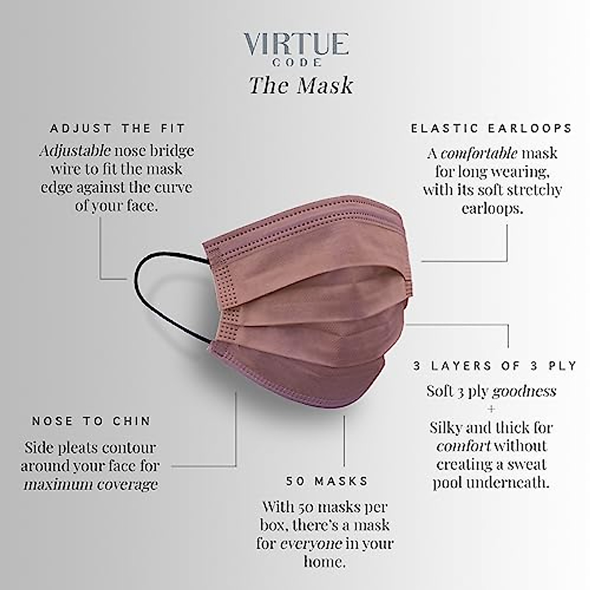 VIRTUE CODE Balance Face Masks - Soft 3 Ply Comfort Face Masks, Colorful Disposable Face Mask 50 Pack. Desert Rose Colored Masks. Adults Mens and Womens Disposable Face Masks