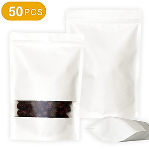 SumDirect White Kraft Stand Up Bags Pouches Resealable Bag with Zip Lock and Matte Window for Food Storage, 5.9x8.6 Inches, 13oz, Pack of 50