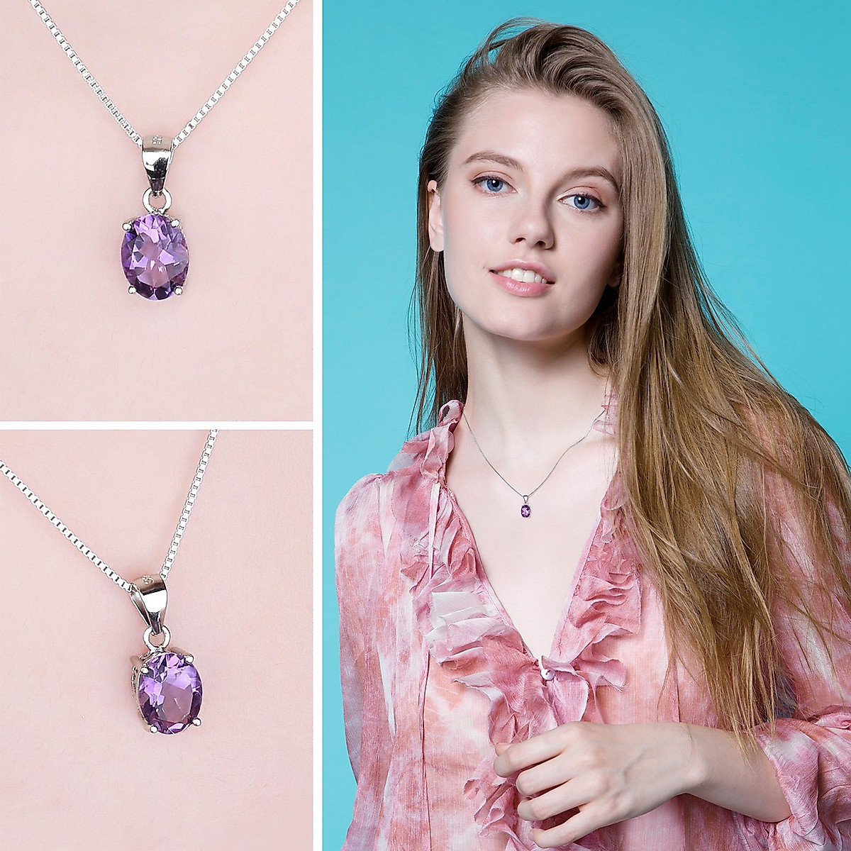 JewelryPalace Gemstones Birthstone Necklace For Women 925 Sterling Silver Solitaire Pendant Necklace For Girls 1.7ct Natural Amethyst Necklace Chain Box 18 Inches Oval Cut