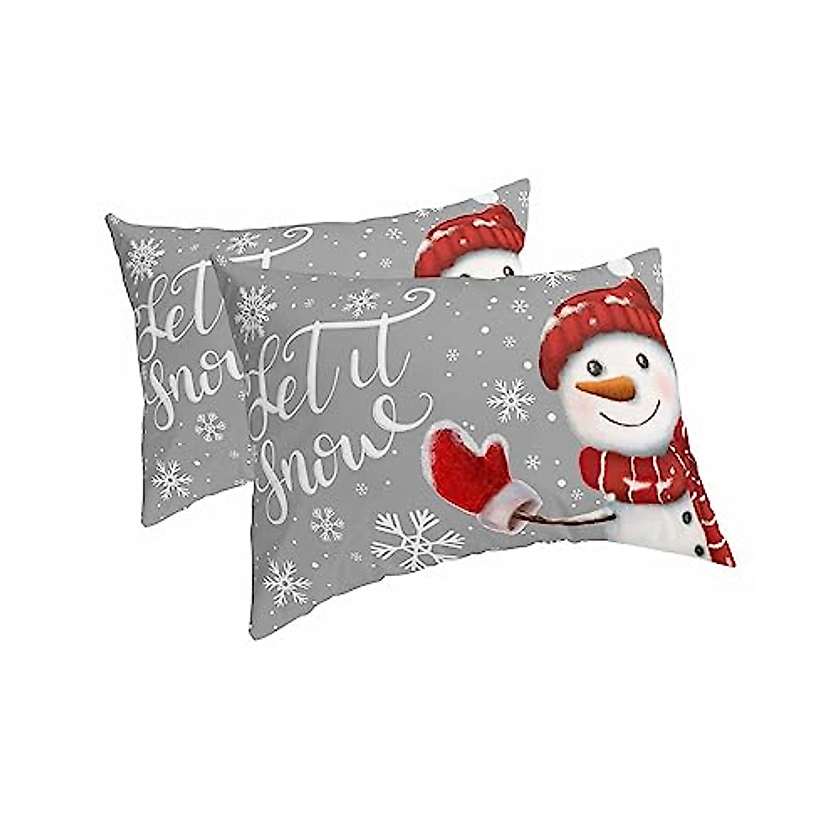 Edwiinsa Christmas Snowman Pillow Covers Standard Size Set of 2 Bed Pillow, Winter Red Snowflake Grey Plush Soft Comfort for Hair/Skin Cooling Pillowcases with Envelop Closure 20x26 Inches