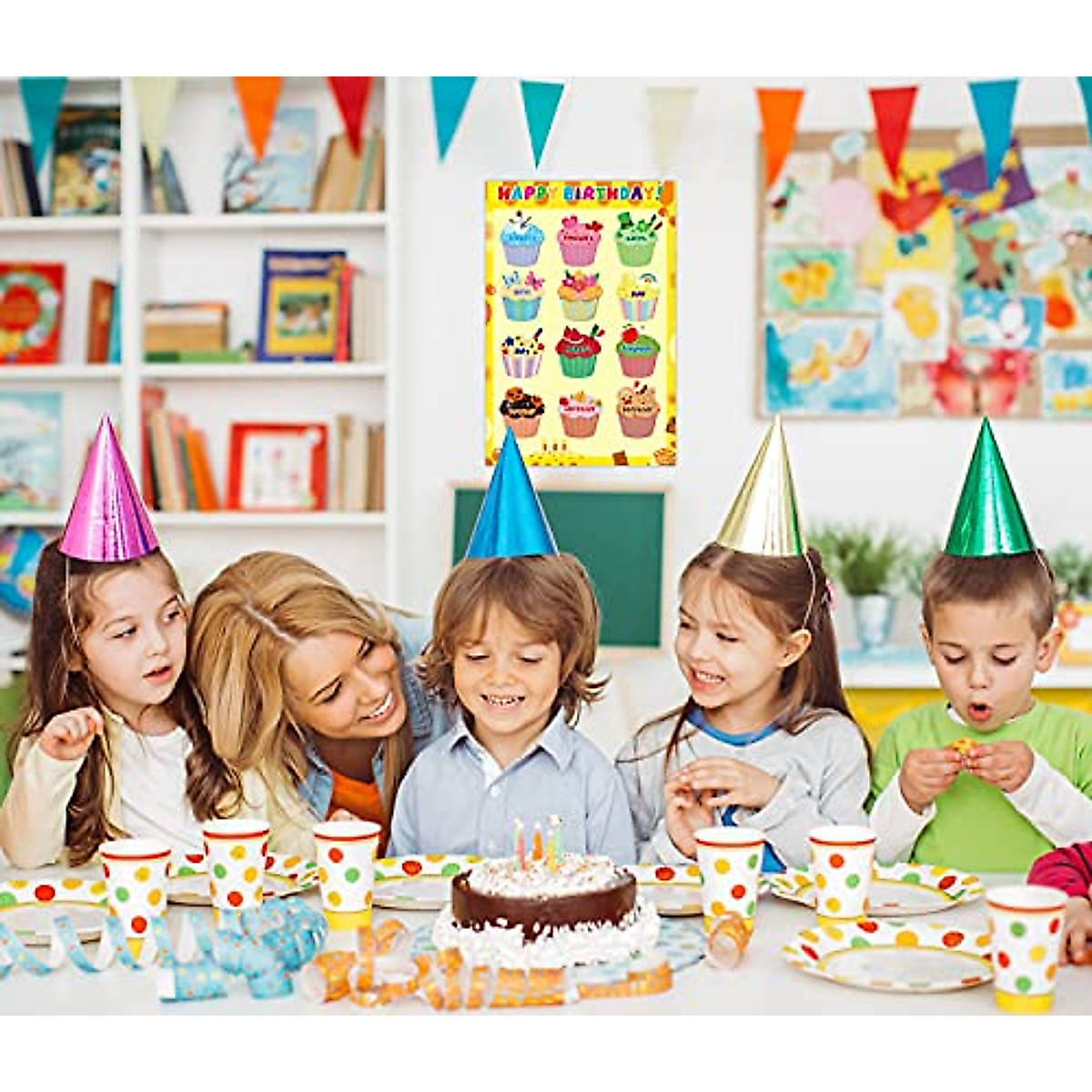 WaaHome Happy Birthday Chart Poster 12''x18'' Birthday Classroom Decorations Cupcakes Birthday Poster Calendar for Back to School Classroom Bulletin Board Decorations Teaching Supplies
