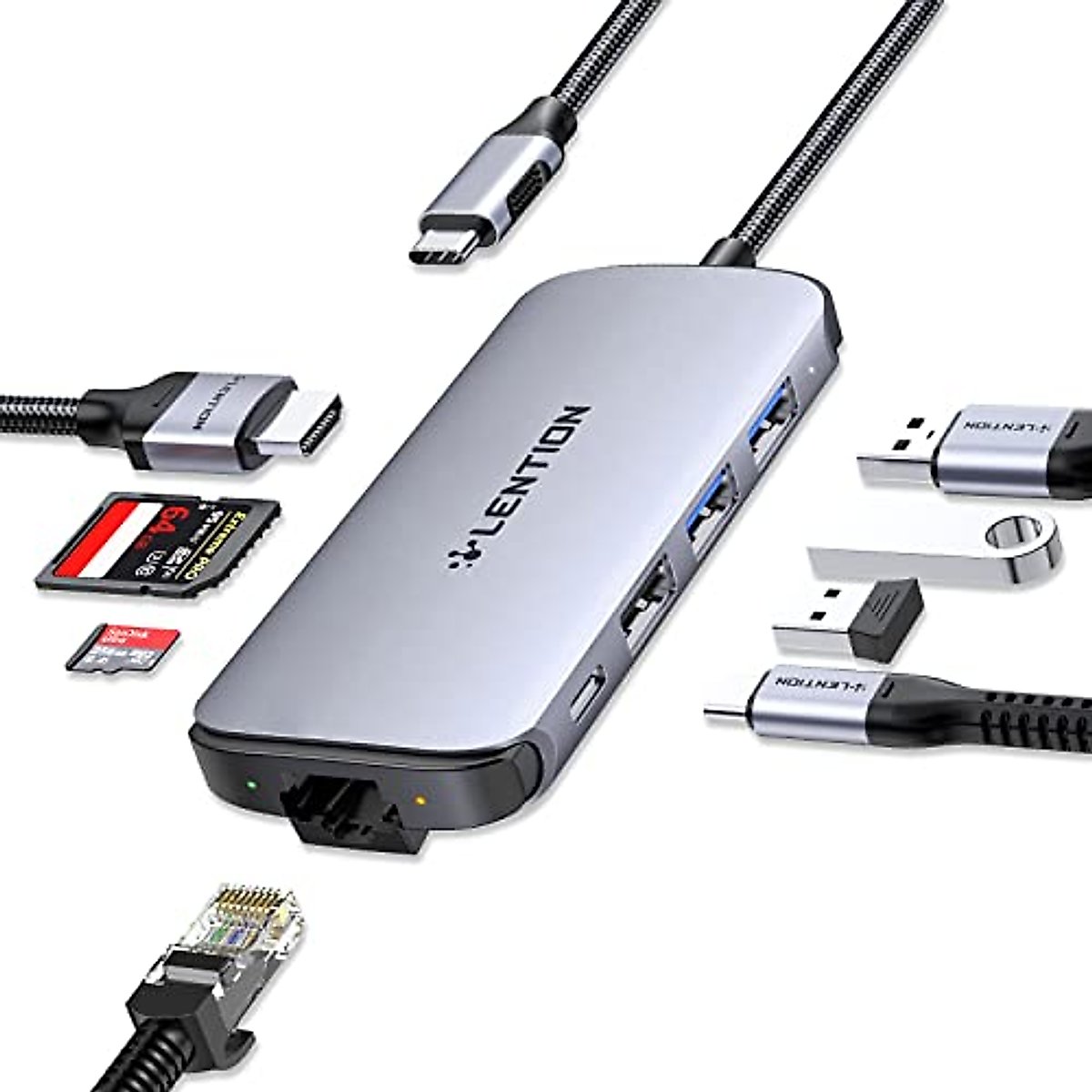 LENTION Ultra-Thin USB C Hub with Ethernet, 4K HDMI, USB 3.0/2.0, Card Readers & PD Adapter for 2023-2016 MacBook Pro 13/14/15/16/M1/M2, New Mac Air & Surface, Chromebook, More (CB-C48, Space Gray)