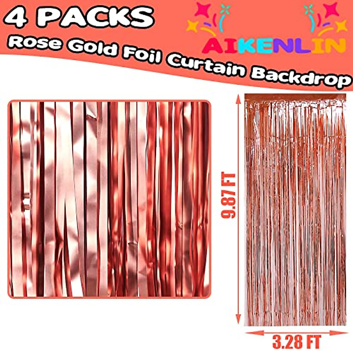 4 Pack 3.2Ft x 9.8Ft Rose Gold Foil Fringe Curtain Backdrop, Metallic Tinsel Foil Fringe Streamers Curtains for Party, Photo Booth Props, Birthday, Wedding, Christmas Party Decoration Supplies