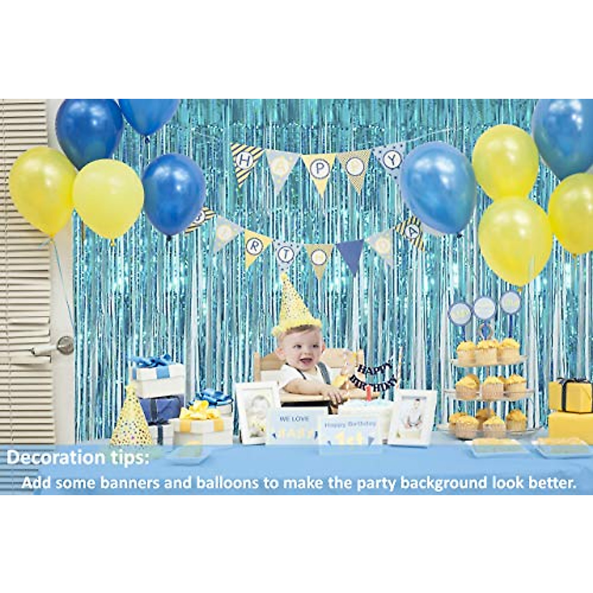 Vanujoy Iridescent Teal Blue Foil Fringe Backdrop Curtains Party Decoration - 2 Pack Tinsel Party Door Wall Curtain for Birthday Bachelorette Party Engagement Bridal Shower Baby Shower Graduation