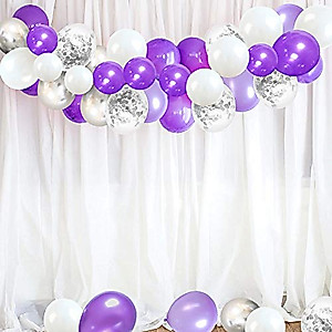Purple White Silver Balloons 50pcs, 12 Inch Silver Confetti Balloons Latex Balloons with Purple Ribbon for Birthday Party Decoration Baby Shower Decorations