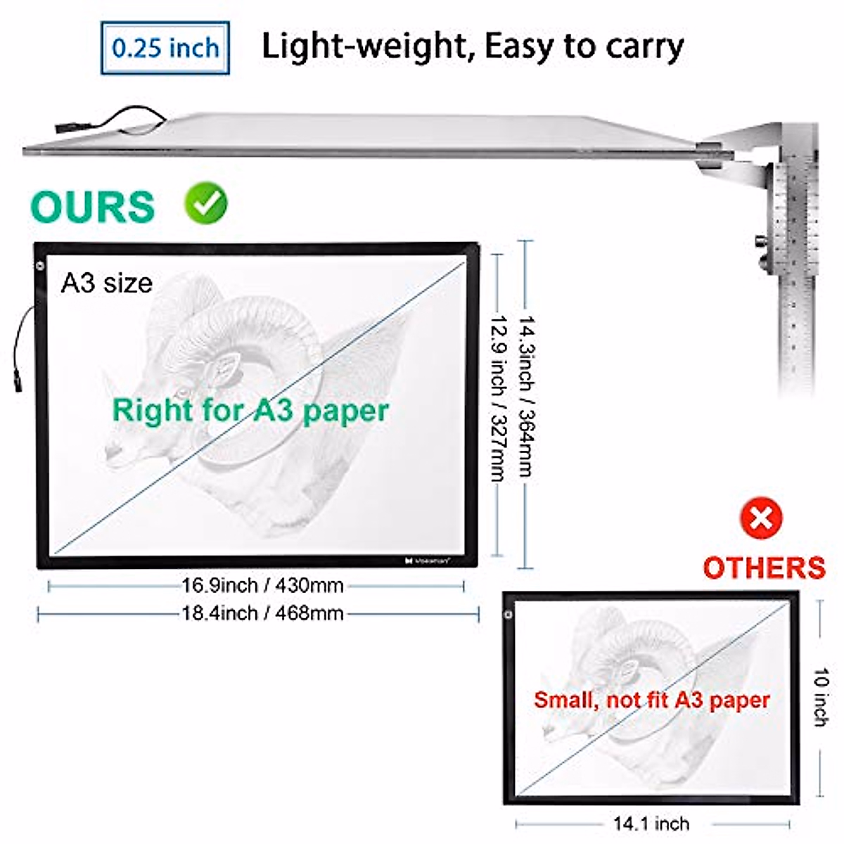 Voilamart A3 Portable Tracing Light Box, Ultra-Thin LED Light Board, Sketch Drawing Light Pad, Dimmable Brightness Light Board, 3-Level Artists Light Box with Carry Bag for Drawing Sketching Animation
