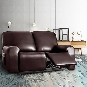 JOKIVTOU 1/2/3 Seats PU Leather Stretch Recliner Cover Sofa Cover with Side Pockets Waterproof Slipcover Recliner Couch Cover Furniture Protector with Elastic Bottom Living Room