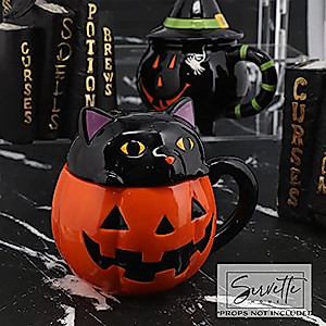 Servette Home Halloween Soup Mug with Lid (Orange Jack 'o Lantern Pumpkin & Black Cat)