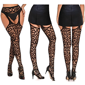 SOUTHRO 5 Pairs Black Thigh High Stockings Patterned Tights-Fishnet/Net,Garter Belts Set & Suspender Pantyhose for Women
