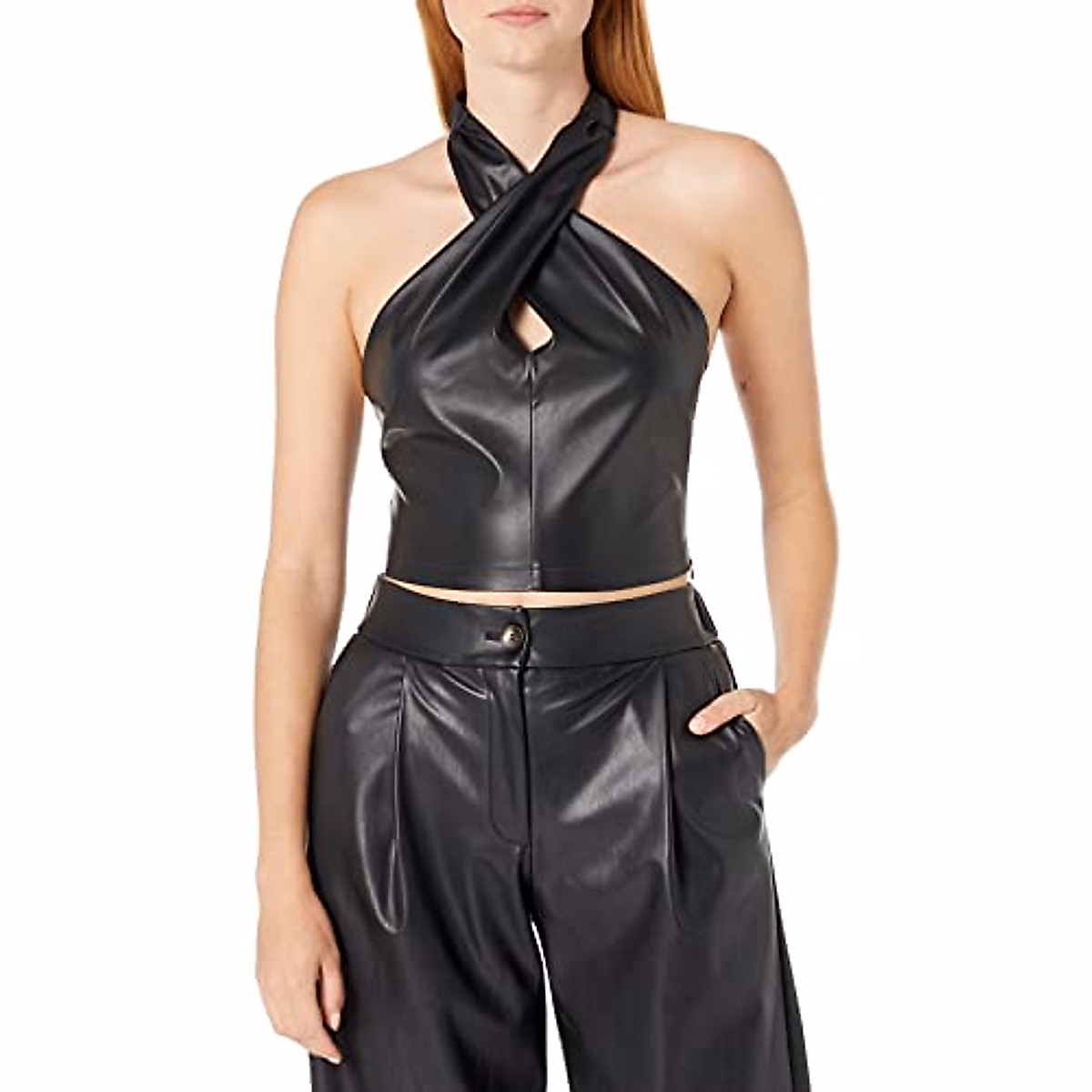 The Drop Women's Gage Vegan Leather Twist Front Halter Top, Black, S