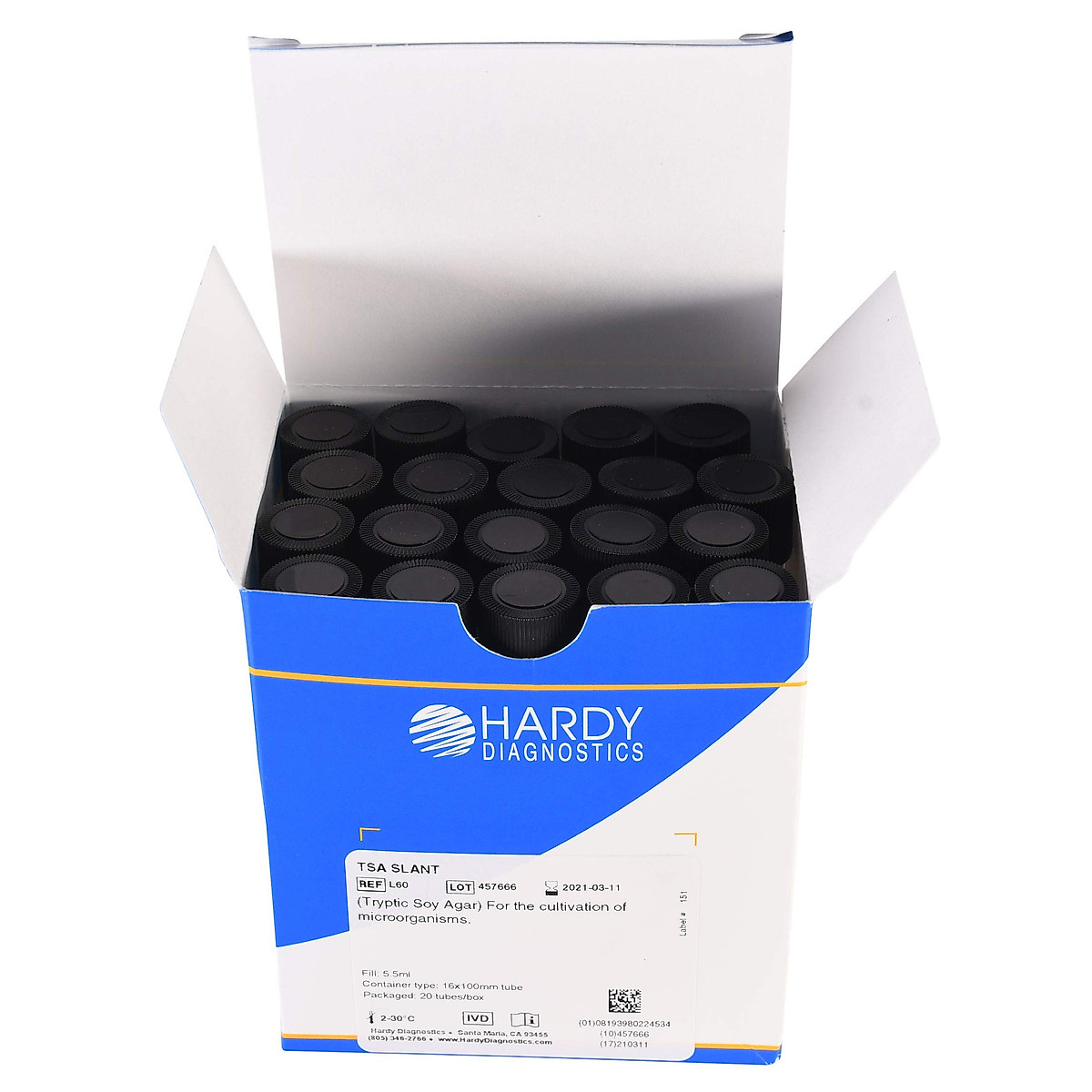 Tryptic Soy Agar (TSA) Slant, General Growth Medium, 16x100mm Glass Tube, Order by the Package of 20, by Hardy Diagnostics