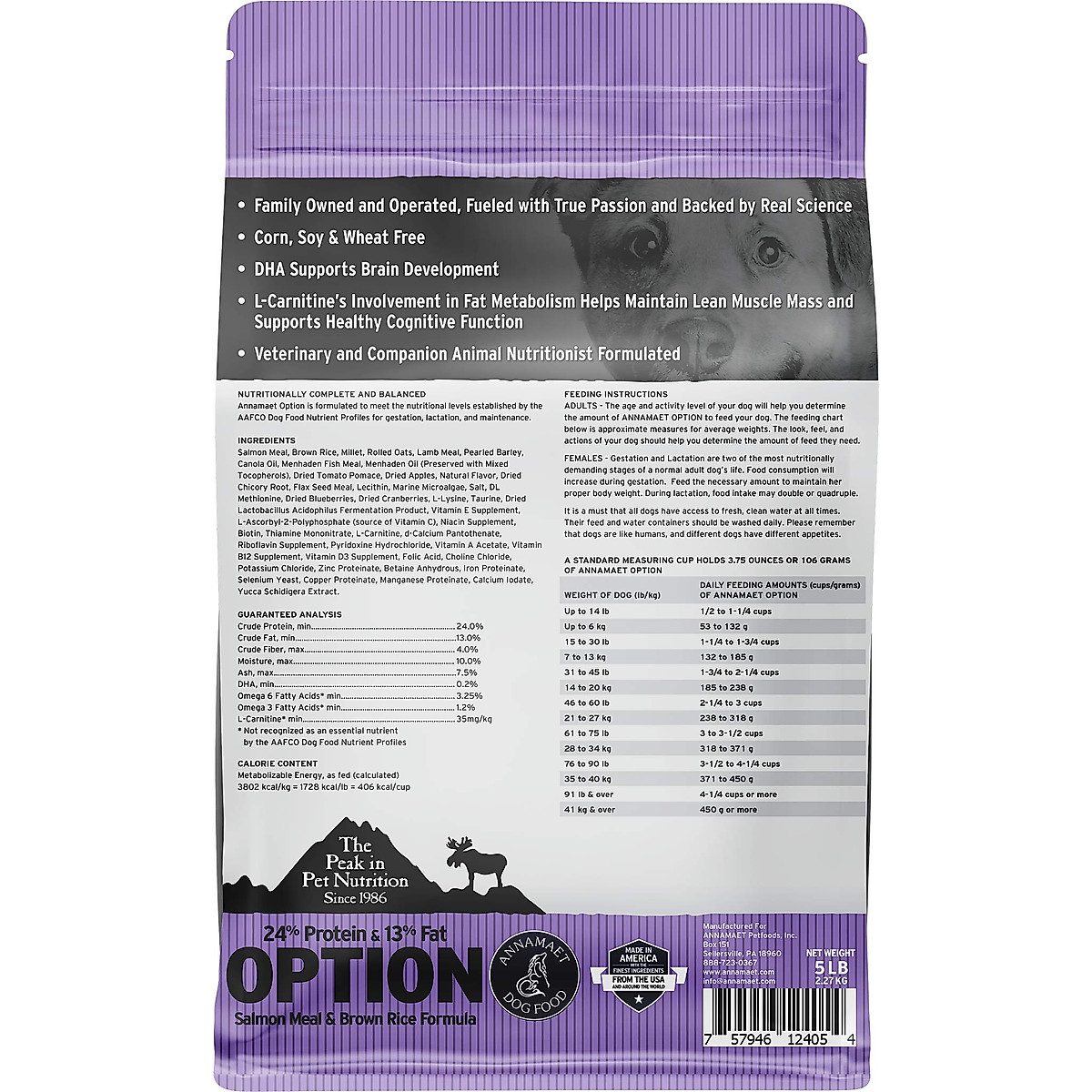 Annamaet Original Option Formula Dry Dog Food, 24% Protein (Salmon & Brown Rice), 5-lb Bag