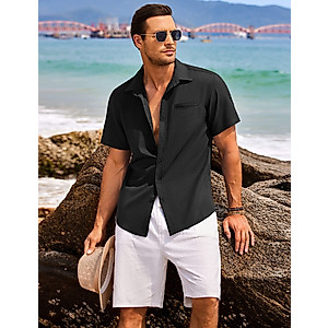 COOFANDY Mens Black Short Sleeve Button Down Shirts Summer Beach Linen Shirts Lightweight Resort Wear Shirts